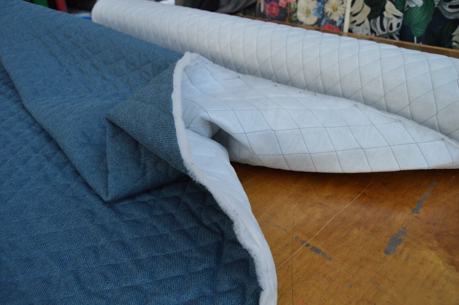 blue weave wadded quilted diamond upholstery fabric robust - Dales Fabrics