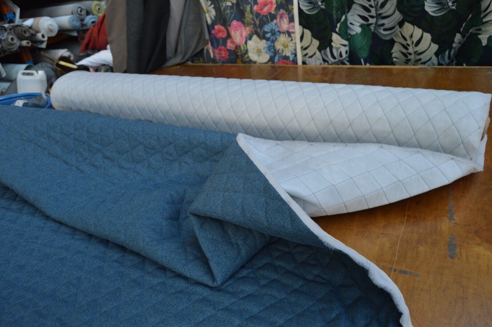 blue weave wadded quilted diamond upholstery fabric robust - Dales Fabrics