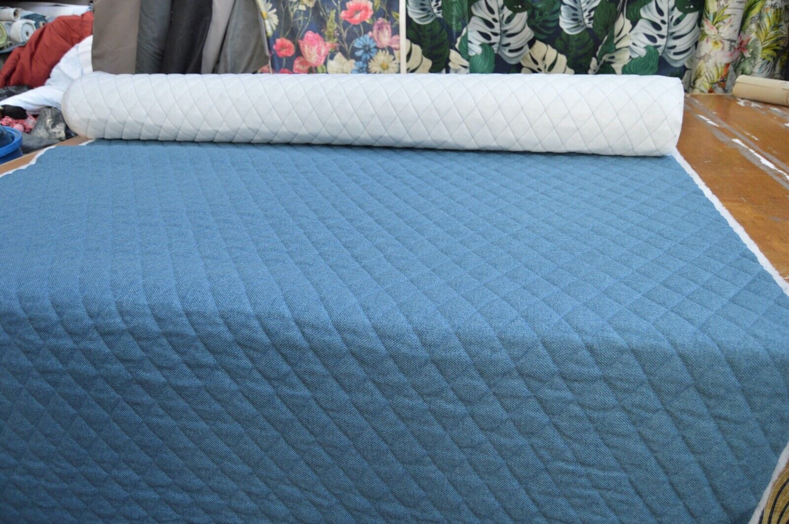 blue weave wadded quilted diamond upholstery fabric robust - Dales Fabrics
