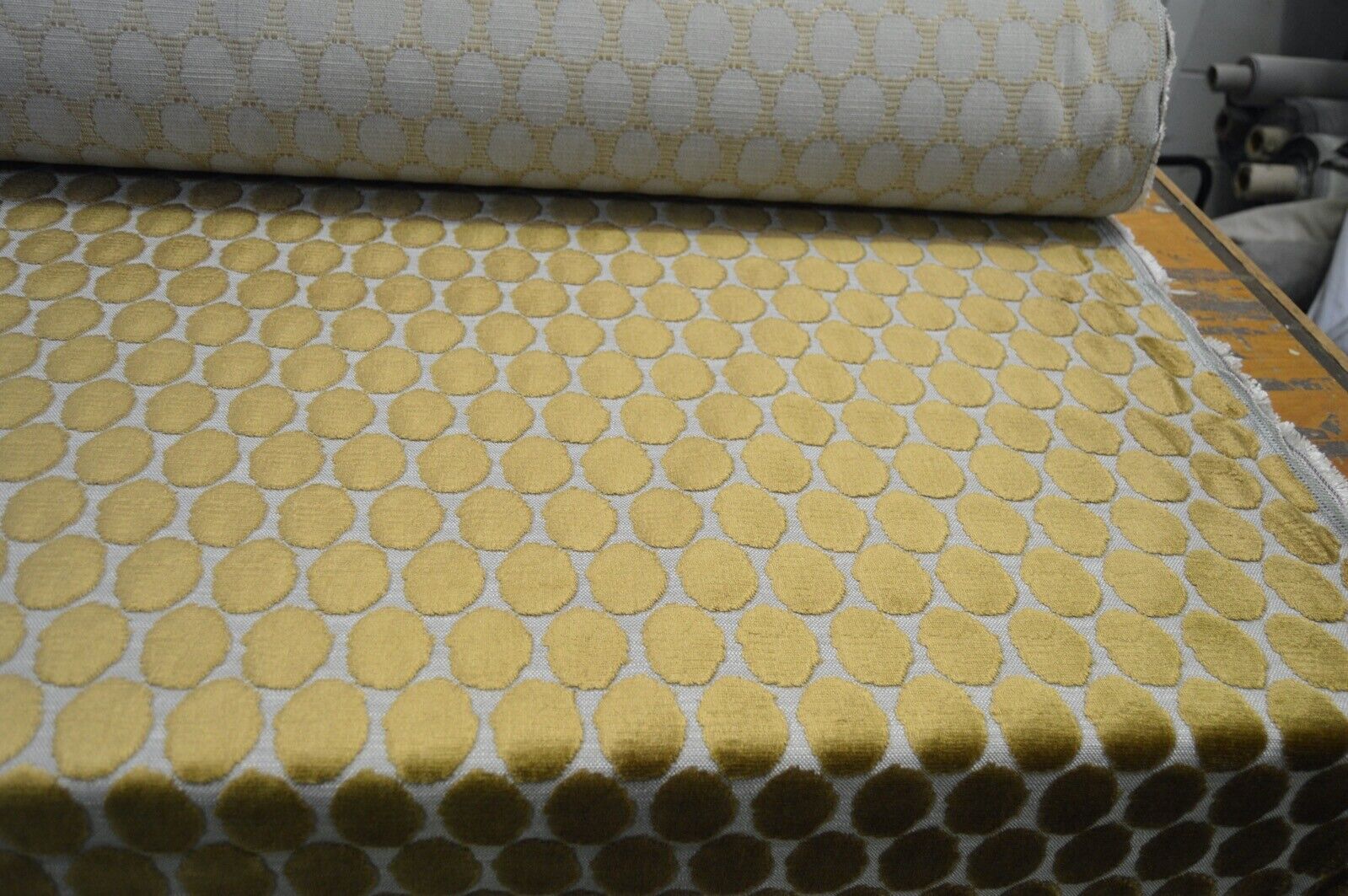 upholstery fabric embossed gold spots on linen style back ground ...