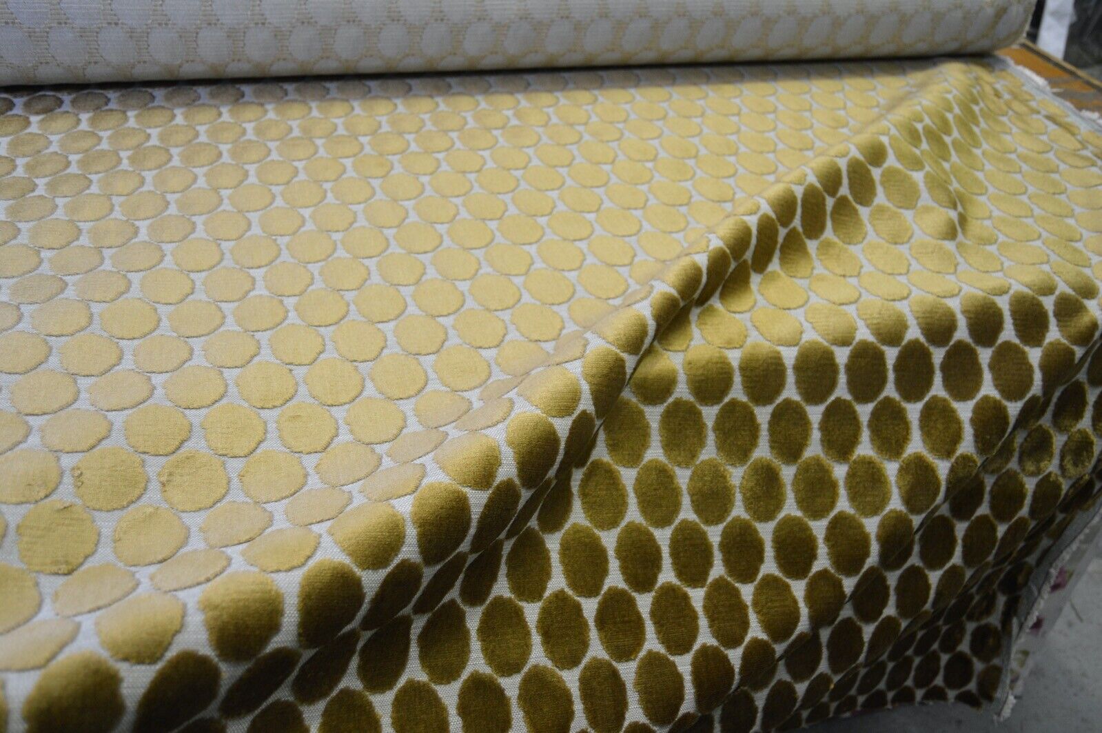 upholstery fabric embossed gold spots on linen style back ground ...